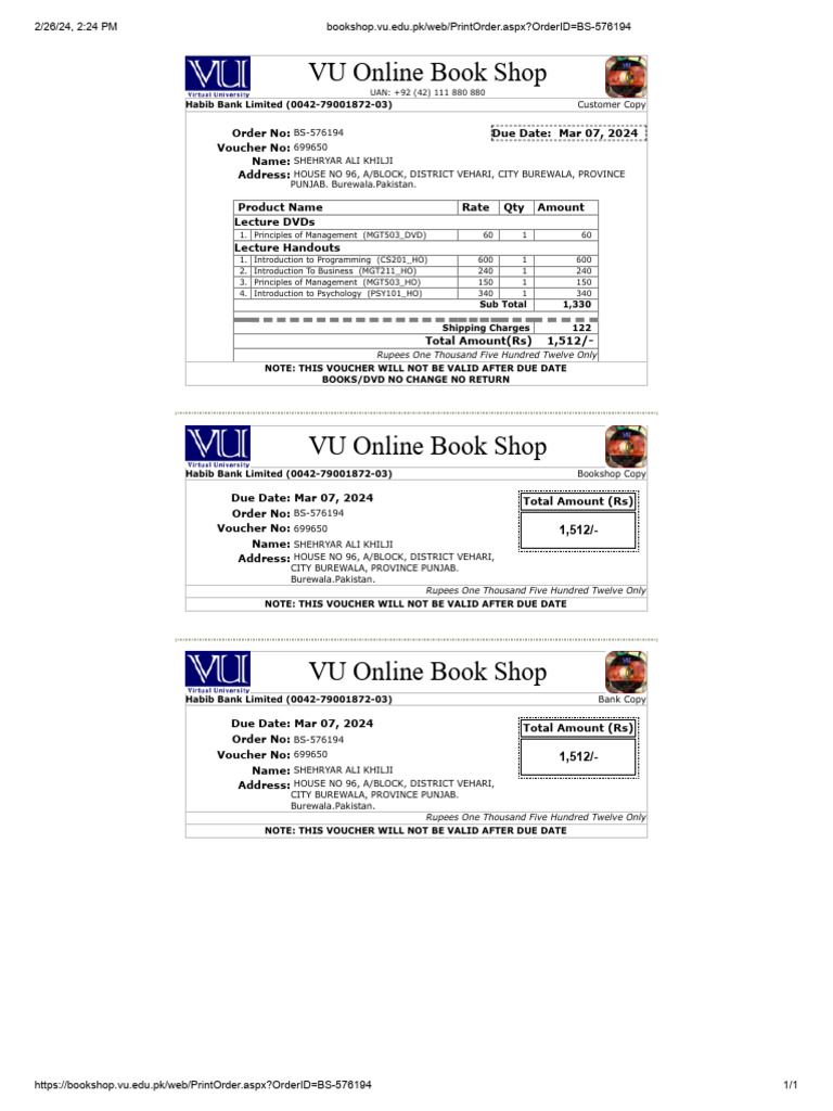 Bookshop - Vu.edu - PK Web PrintOrder - Aspx OrderID BS-576194 | PDF ...
