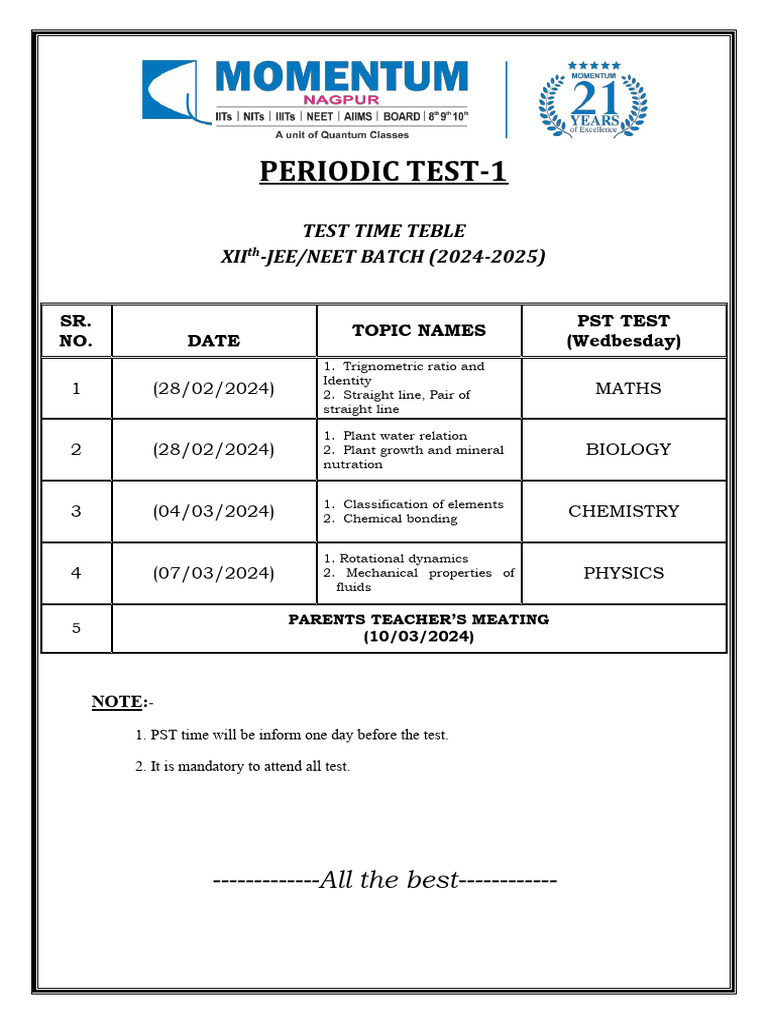 12th Jee-Neet Batch Periodic Test-1 Time Table | PDF