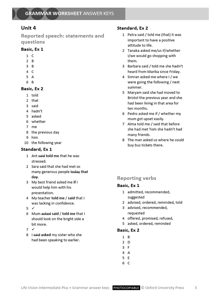 LV - Int - Plus - Worksheets - Answer - Keys - Unit 4 | PDF