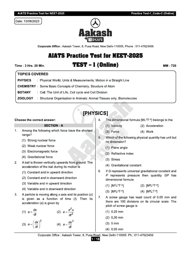 AIATS - TYM-2025 - Practice Test-01 - Code-C - (13-08-2023) - 1 | PDF