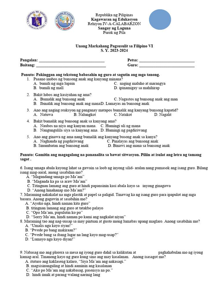 Unang Panauhang Pagsusulit Sa Filipino 6 2 | PDF