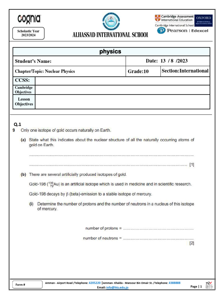 Class 10 Nuclear Physics Exam Paper | PDF
