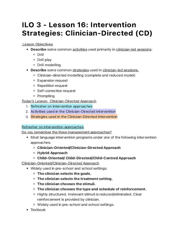 ILO 3 - Lesson 16 Intervention Strategies Clinician-Directed (CD) | PDF ...