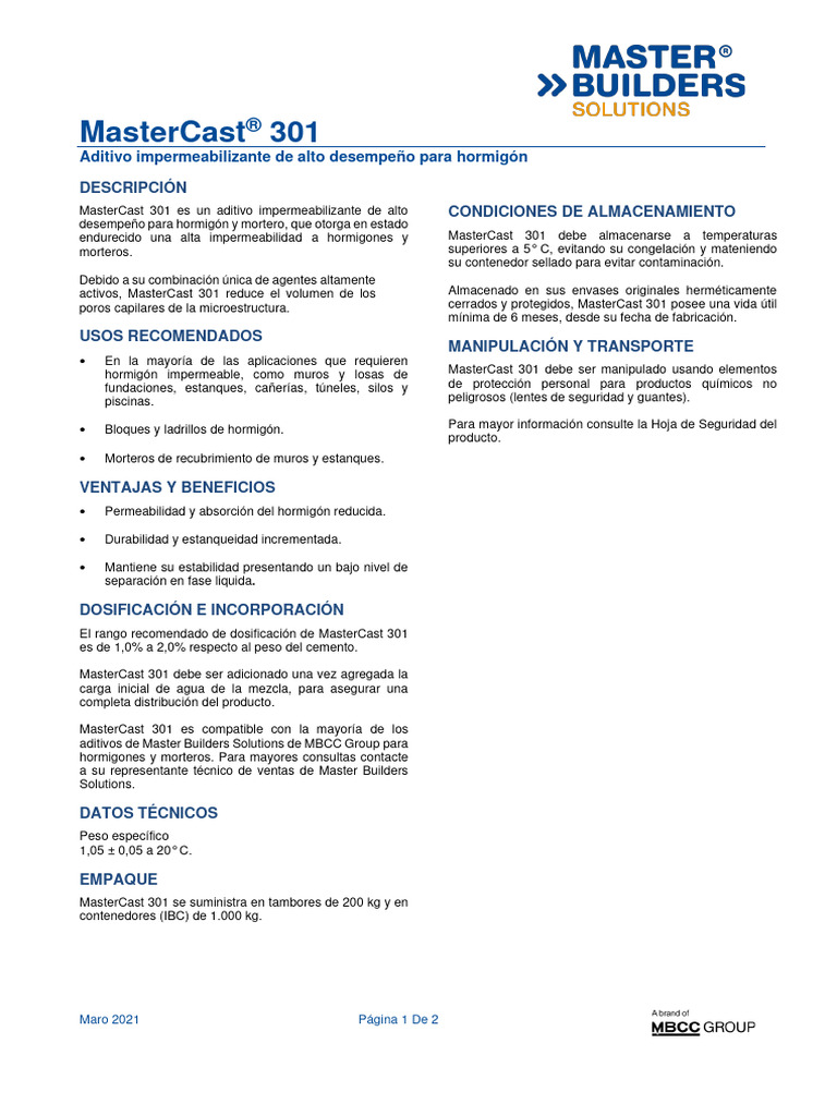 Mastercast 301 Tds | PDF | Hormigón | Mortero (Albañilería)