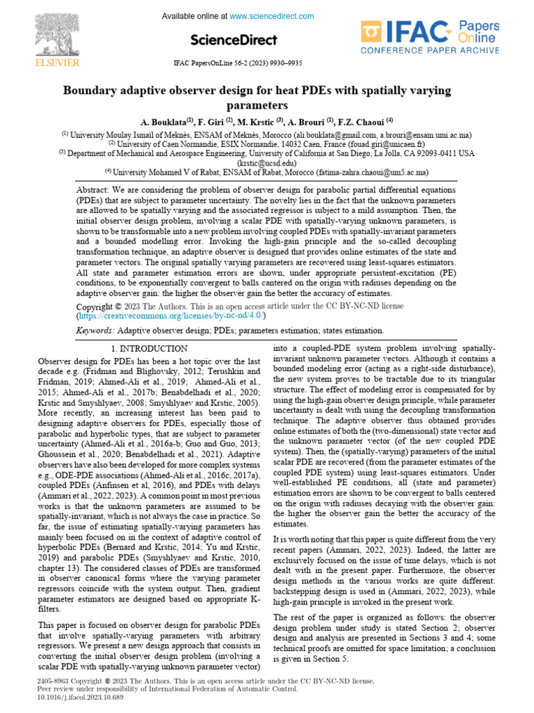 Boundary Adaptive Observer Design For Heat PDEs With Spati - 2023 - IFAC PapersO | PDF | Partial ...