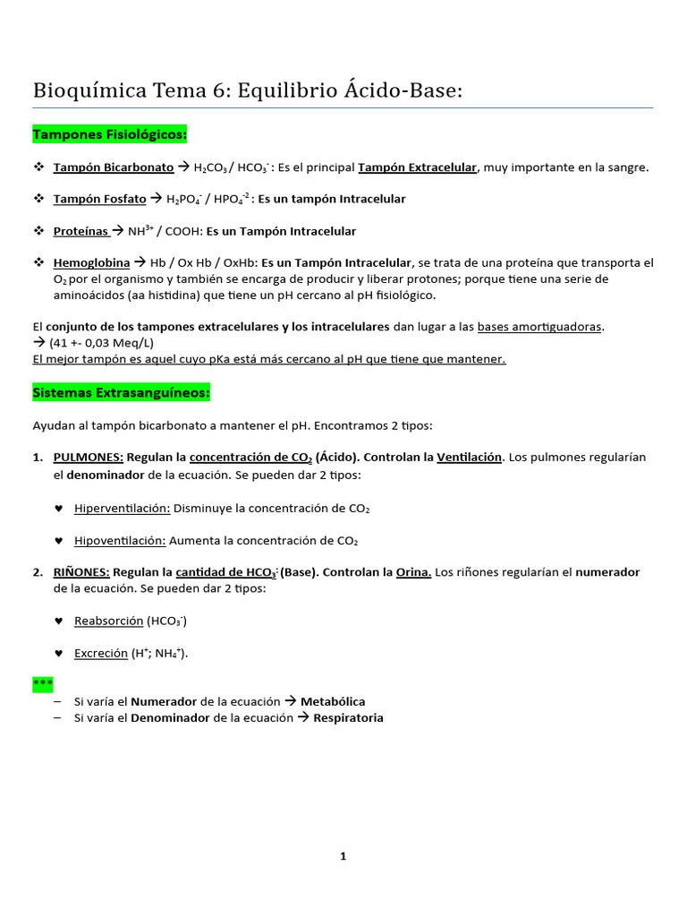 Bioquímica Tema 6 Equilibrio Ácido-Base | PDF | Solución tampón | Fisiología