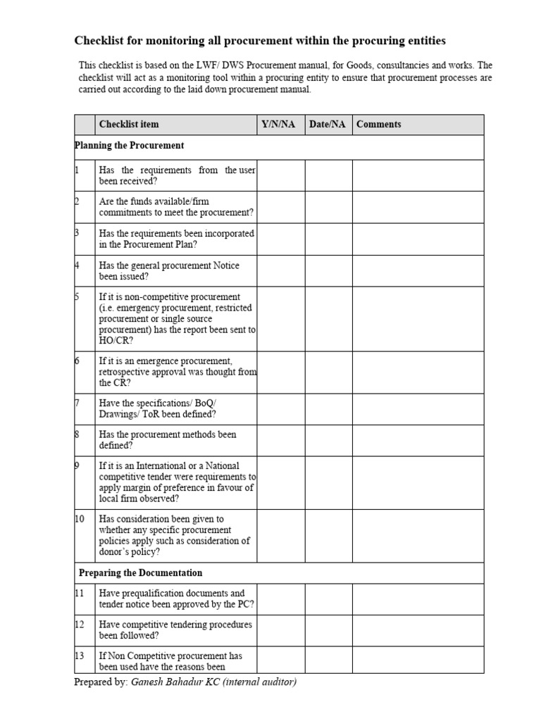 Procurement Audit Checklist | PDF | Procurement | Insurance