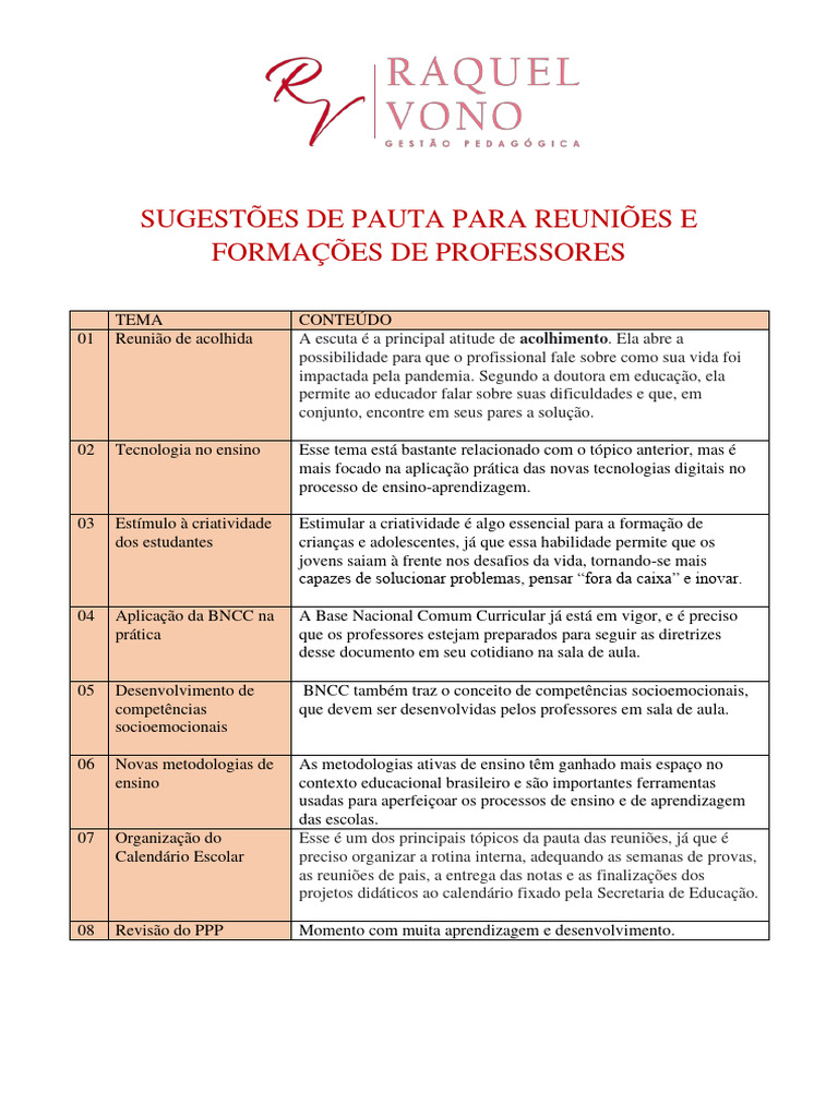 Sugestões de Pauta para Reuniões e Formações de Professores | PDF ...