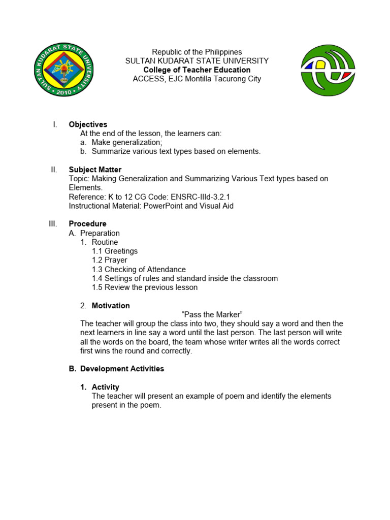 Making Generalization and Summarizing Various Text Types Based On Elements. | PDF | Narrative ...