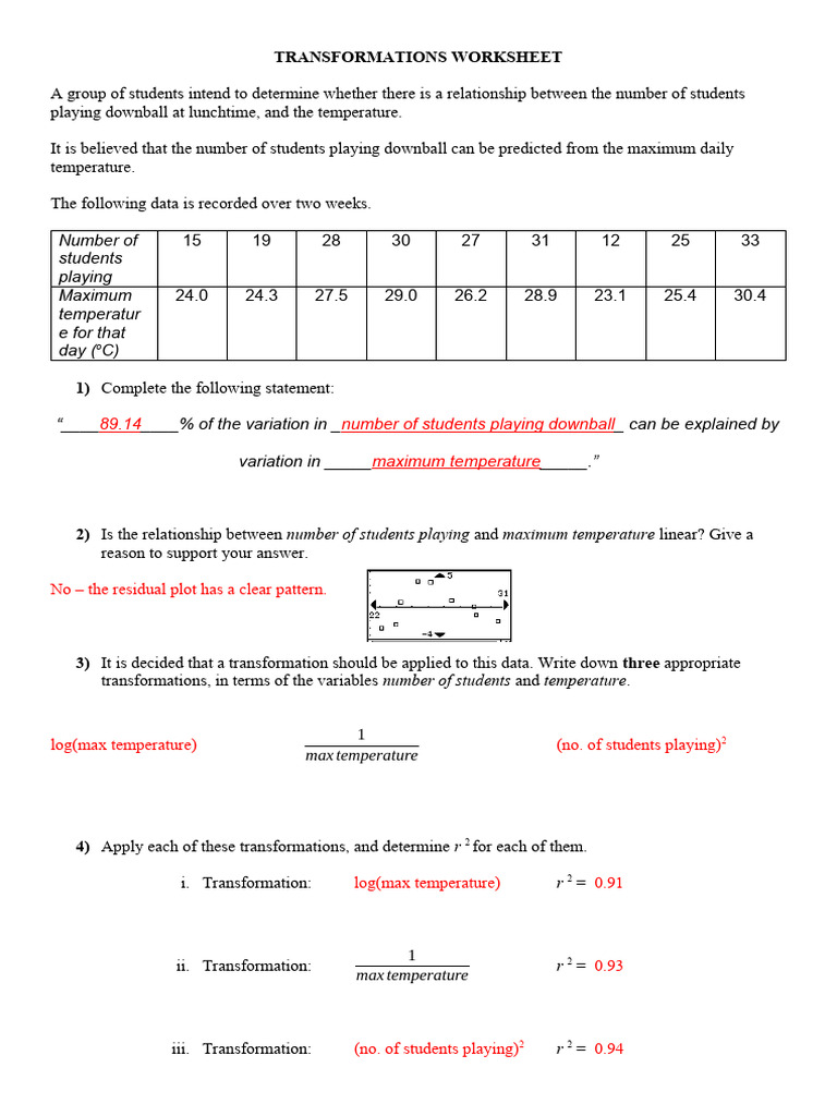 TRANSFORMATIONS WORKSHEET Answers | PDF | Regression Analysis | Errors And Residuals