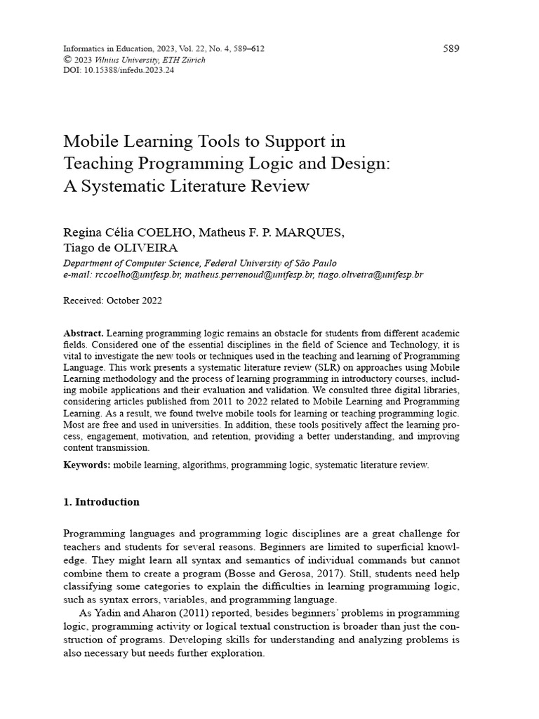 Mobile Learning Tools To Support In Teaching Programming Logic And Design Pdf Usability