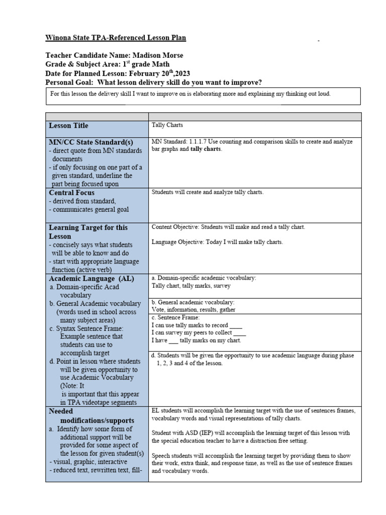 tpa-lesson-plan-template-2-0-1-002 | PDF | Vocabulary | Question