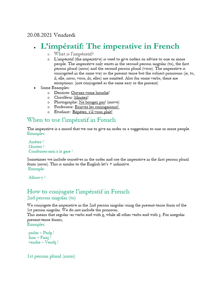 Imperatif From Google Docs | PDF | French Conjugation | Grammatical ...