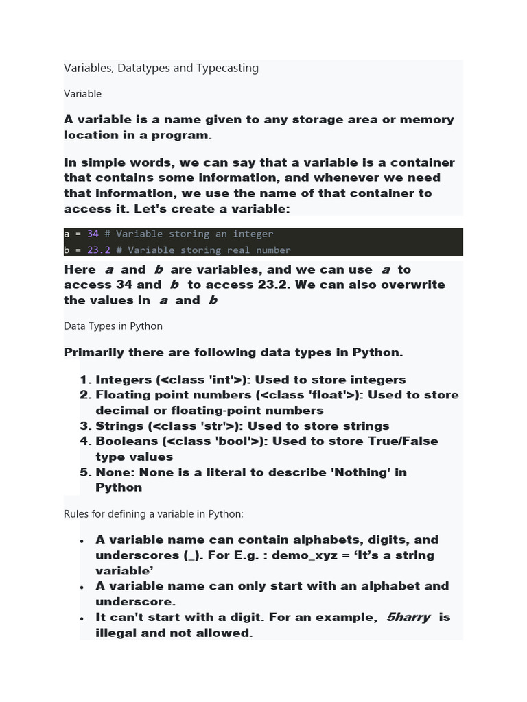 2. Variables, Datatypes and Typecasting | PDF | Data Type | Variable ... 2. Variables, Datatypes and Typecasting | PDF | Data Type | Variable ...