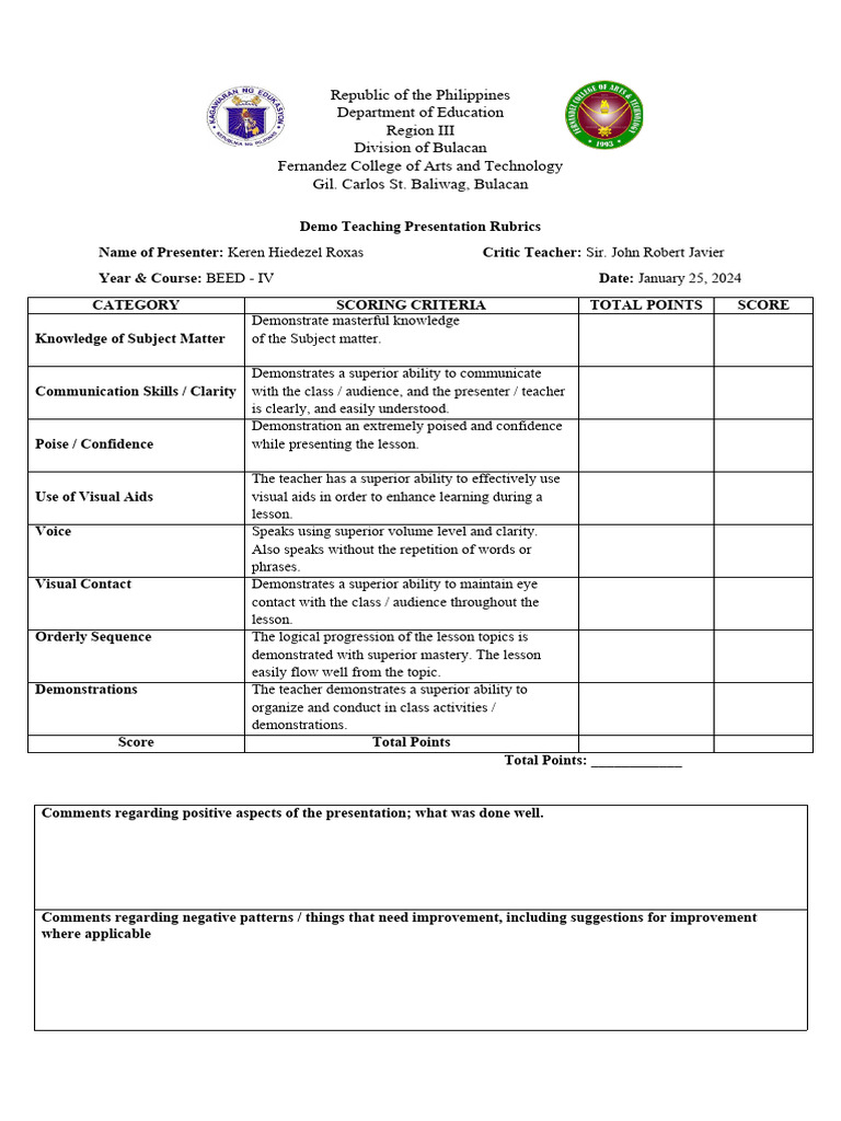 Rubrics For Demo Teaching .0021 | PDF | Teachers | Cognitive Science