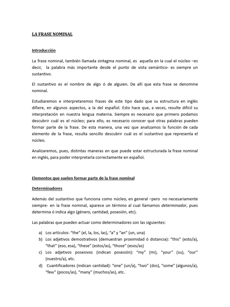 La Frase Nominal | PDF | Adjetivo | Oración (Lingüística)
