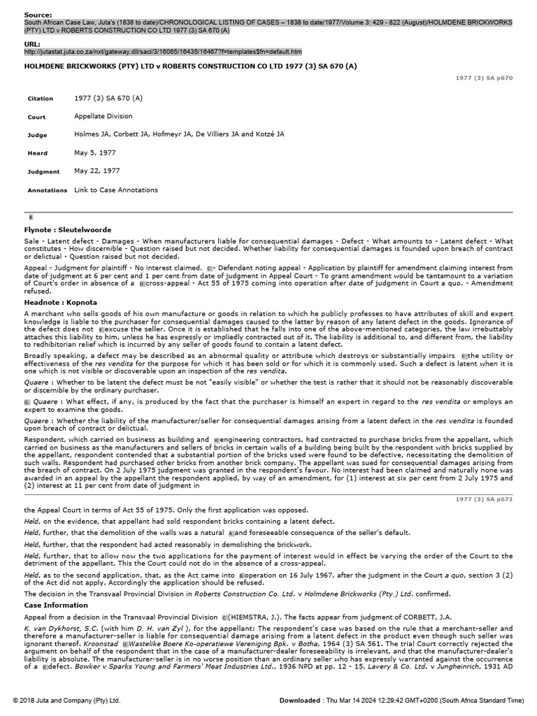 Latent Defect Liability in SA Case Law | PDF | Judgment (Law) | Legal Liability