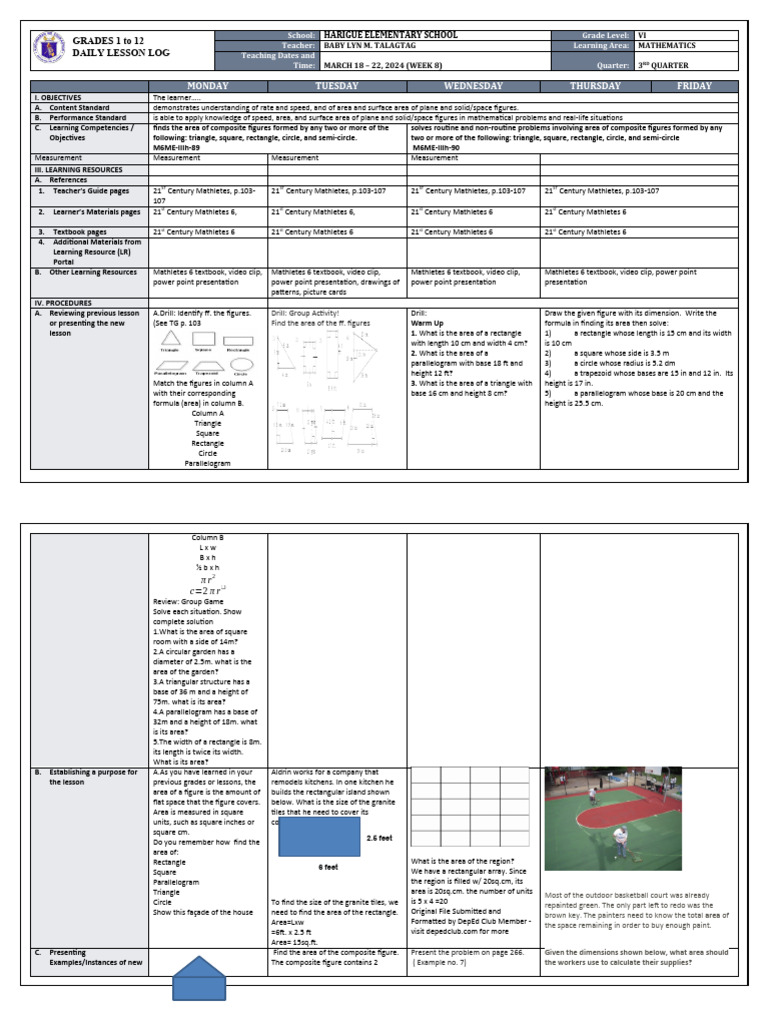 DLL Mathematics 6 q3 w8 | PDF | Area | Triangle