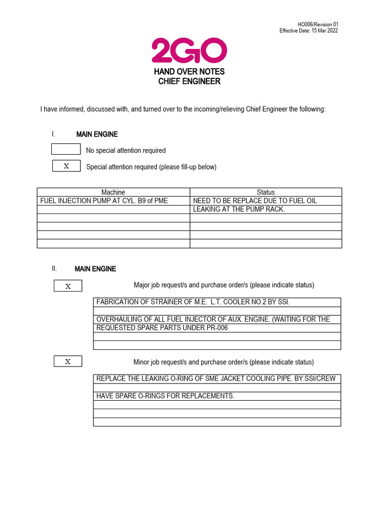 HO006 - Rev 01 HO Chief Engr. | PDF