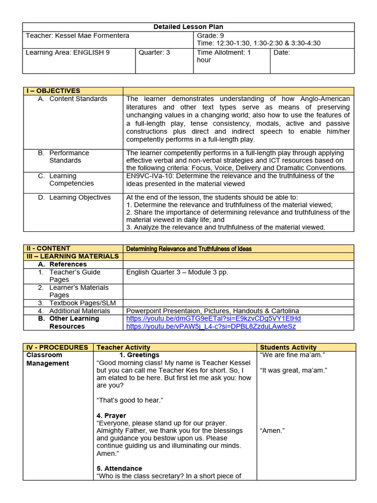 Detailed Lesson Plan-Revised | PDF | News | Learning