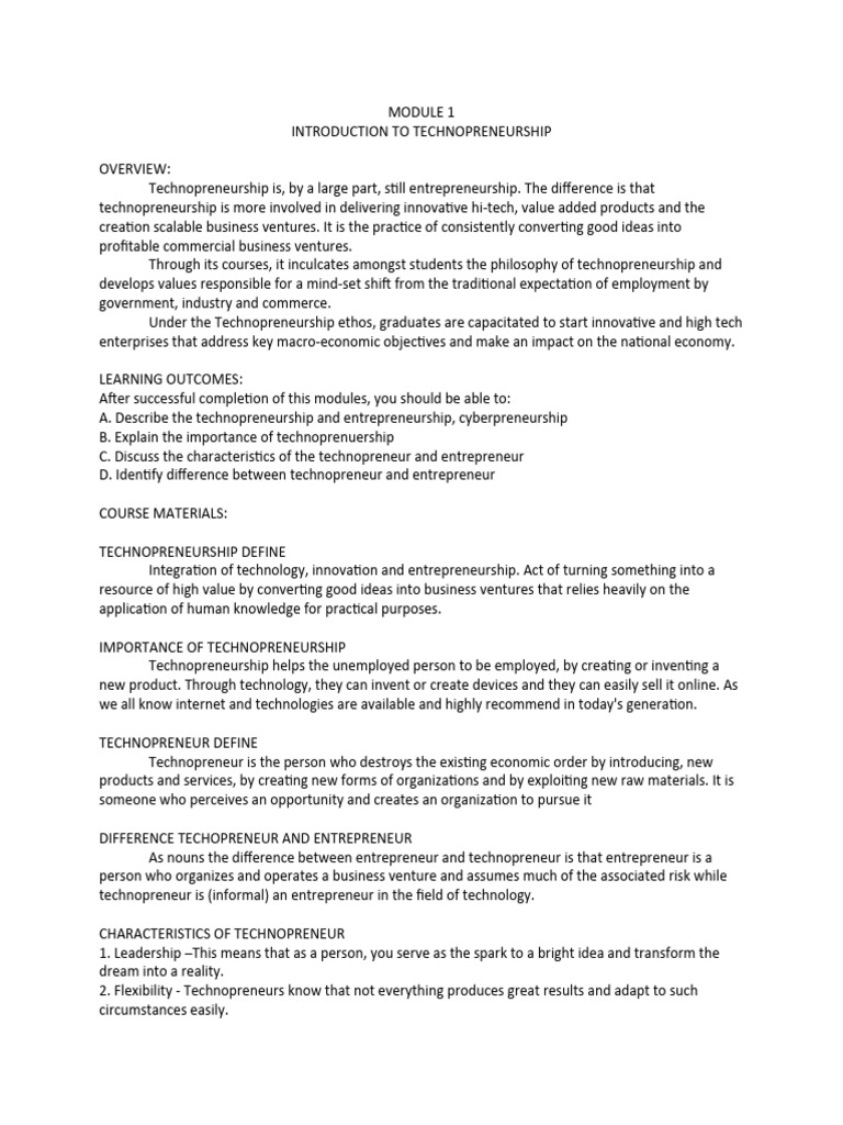 Technopreneurship Module 1 Pdf Entrepreneurship Innovation