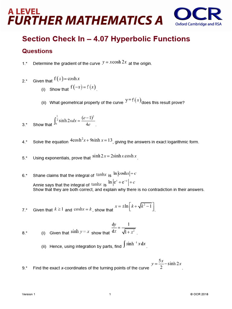 4.07 Hyperbolic Functions | PDF | Exponential Function | Integral