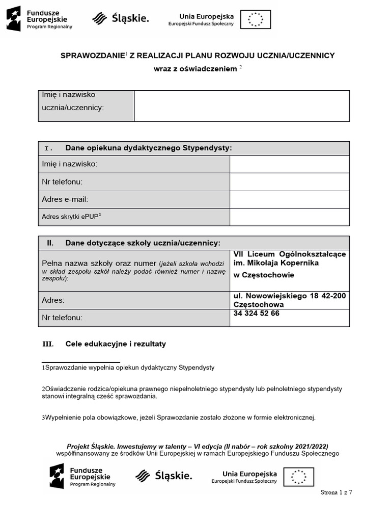 Sprawozdanie WZÓR Z Realizacji Planu Rozwoju Ucznia | PDF