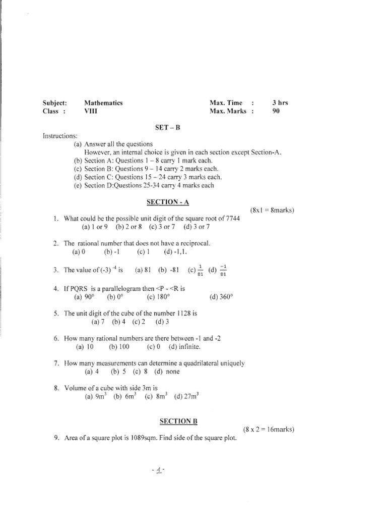 CBSE Class 8 Mathematics Question Paper Set C | PDF