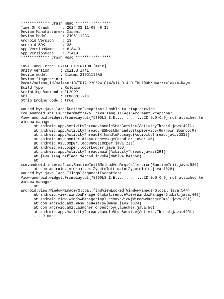 Android App Crash Report | PDF