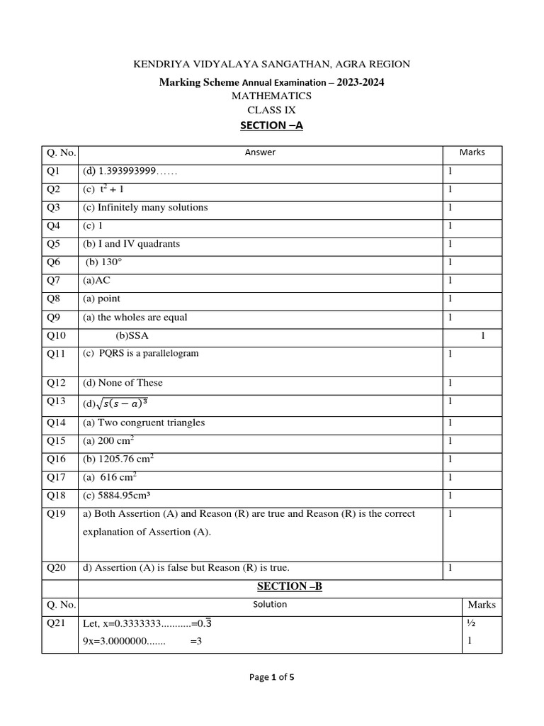 QP1 ANSWER KEY Maths Class IX Annual | PDF | Euclidean Plane Geometry | Elementary Geometry