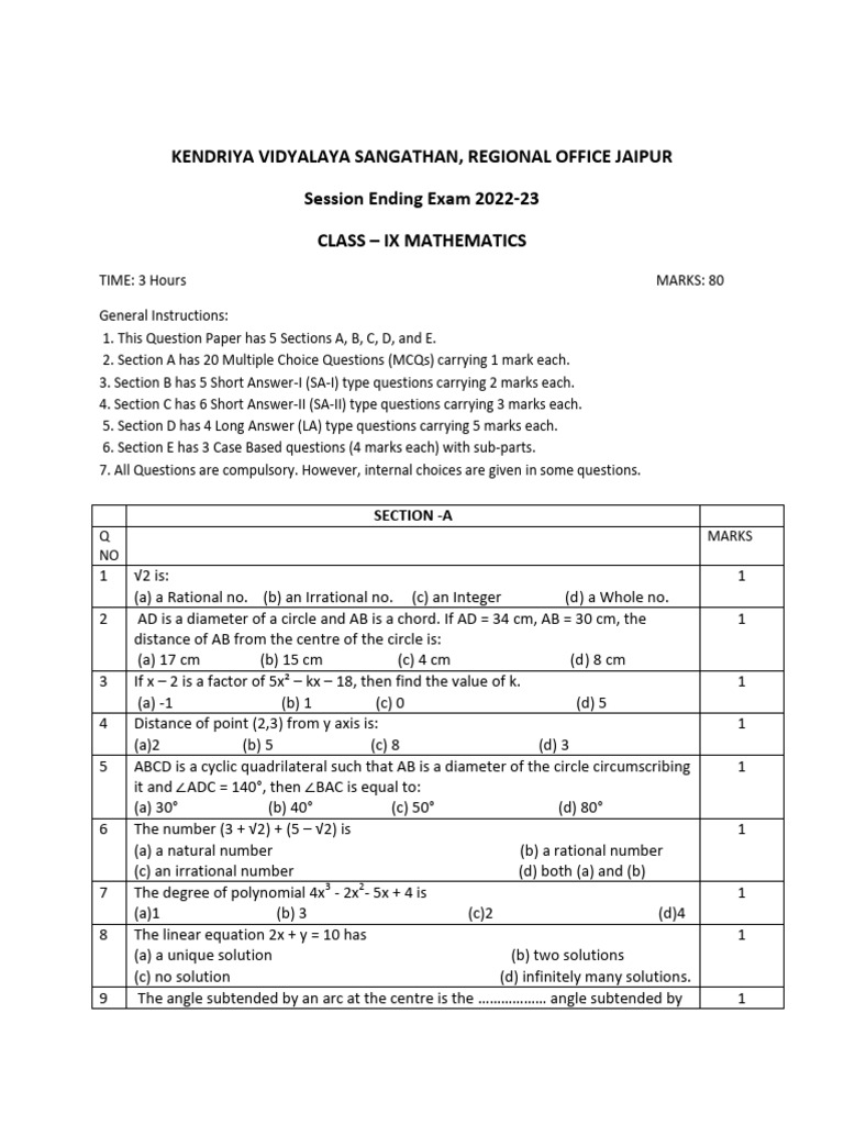 Math - Ix QP Set-1 | PDF | Circle | Angle