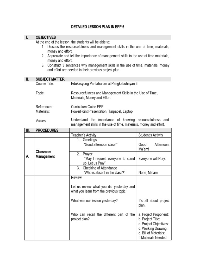 EPP 6 Lesson Plan: Management Skills | PDF | Goal | Lesson Plan
