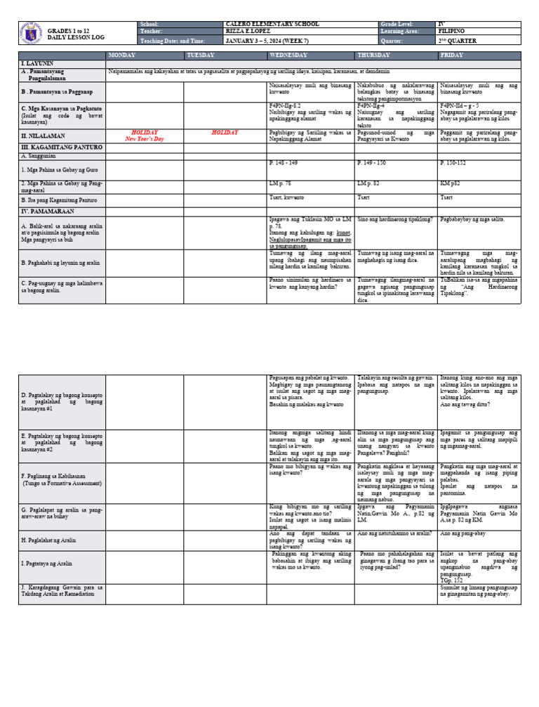 DLL - Filipino 4 - Q2 - W7 | PDF