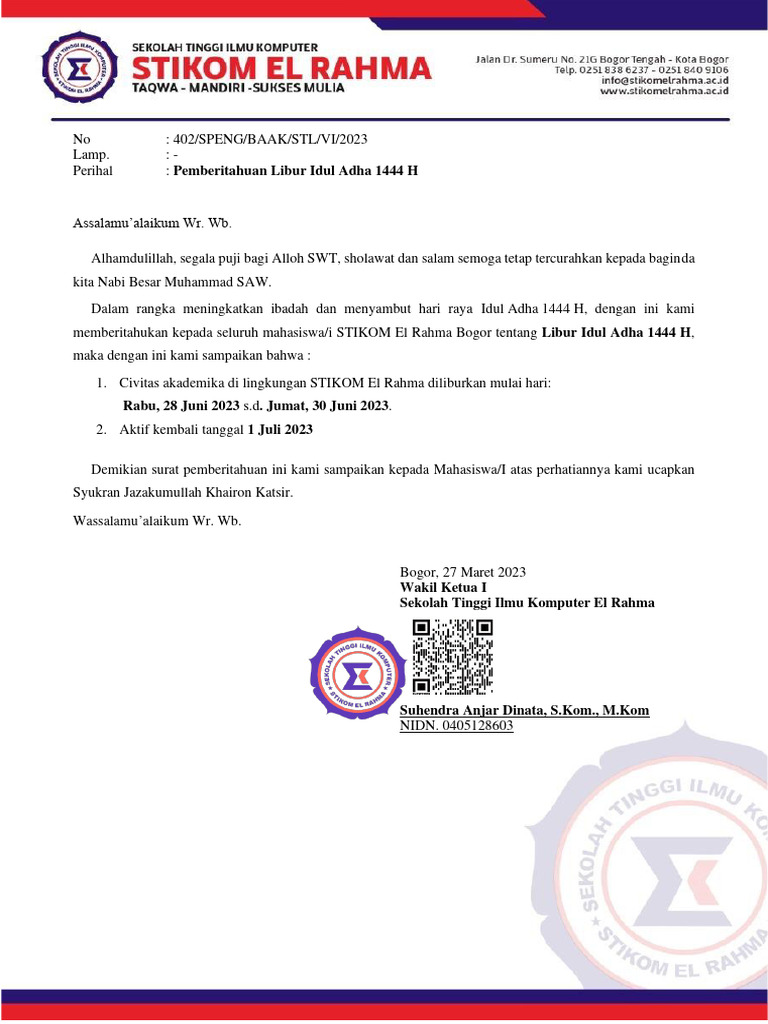 SPENG - Pemberitahuan Info Libur Idul Adha Mahasiswa | PDF