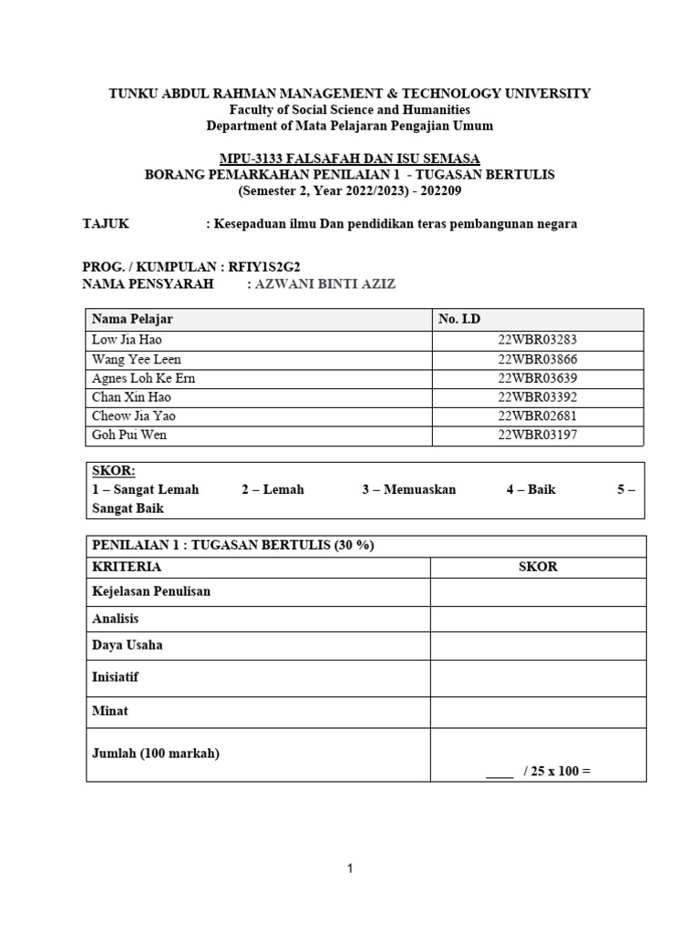 Tugasan Bertulis Pen. 1 - Low Jia Hao - RFIY1S2G2 | PDF