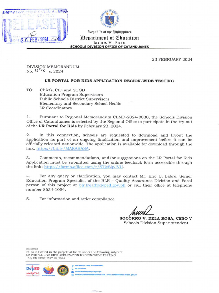 Rec-Dm-098, S.2024 LR Portal For Kids Application Region-Wide Testing | PDF