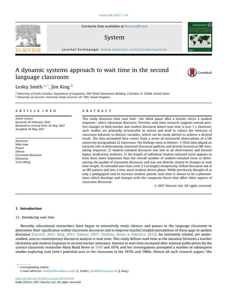 A Dynamic Systems Approach To Wait Time in The Second Language ...