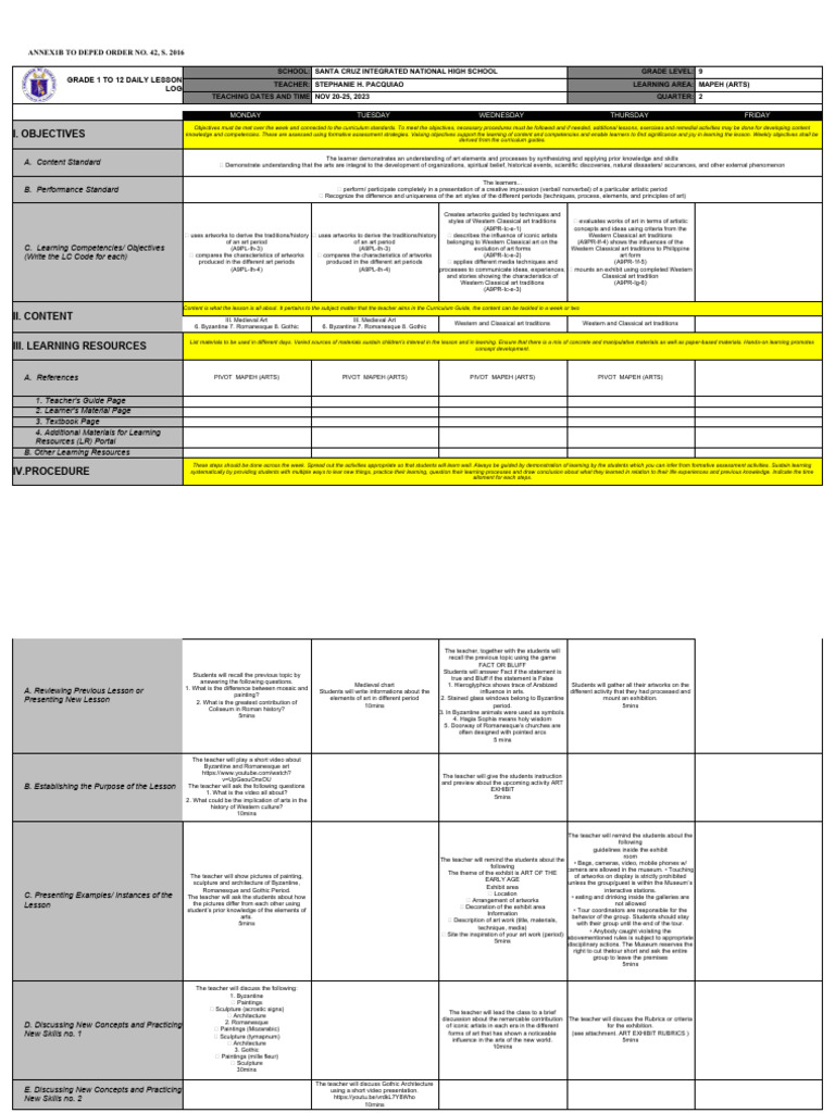 Arts q2 Dll1 | PDF | Learning | Curriculum