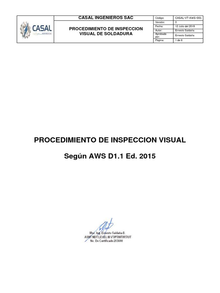 Procedimiento Inspección Visual AWS D1.1 | PDF | Soldadura | Construcción