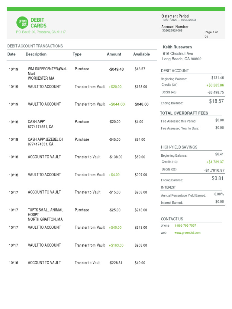 Account Statement Greendot PDF | PDF | Debit Card | Debits And Credits