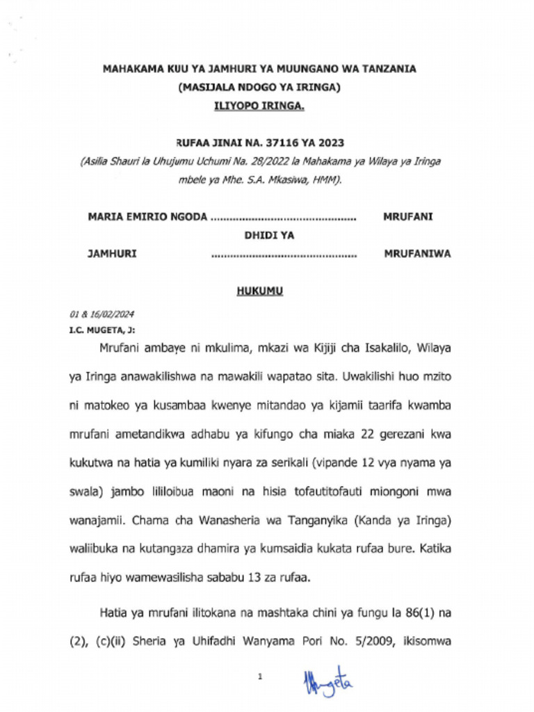 Hukumu Ya Rufaa MARIA NGODA, Nyama Ya Swala, Hukumu Kwa Kiswahili - MD ...