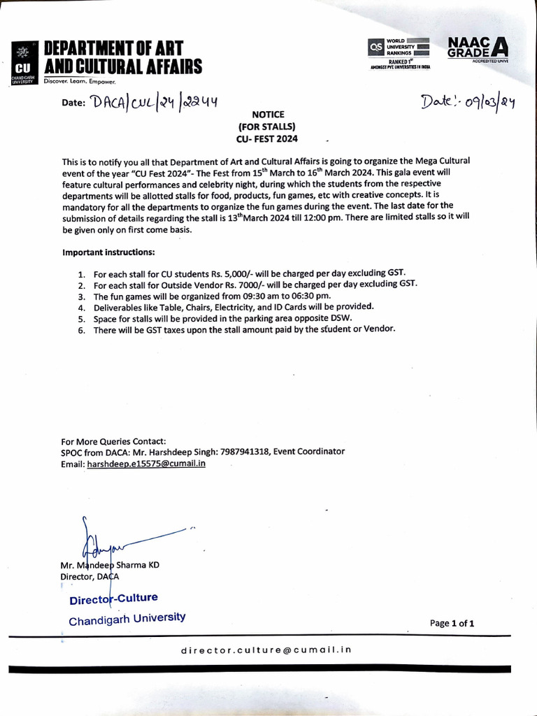 Approved Notice of CU Fest (For stalls) | PDF | Taxes | Government Finances