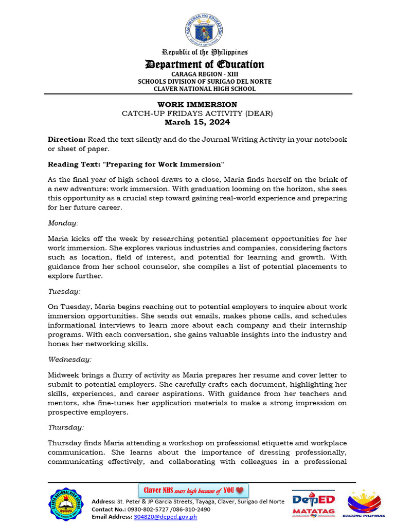 Work-Immersion_DEAR-March-15-2024 | PDF | Behavior Modification | Learning