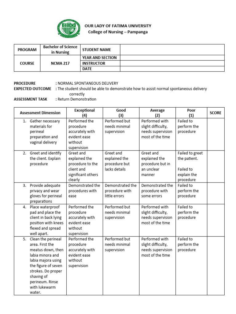 Normal Spontaneous Delivery Procedure | PDF | Labia | Medical Specialties