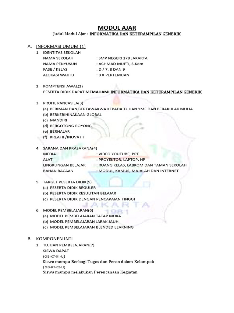 Modul Ajar Judul Modul Ajar Informatika Dan Keterampilan Generik | PDF