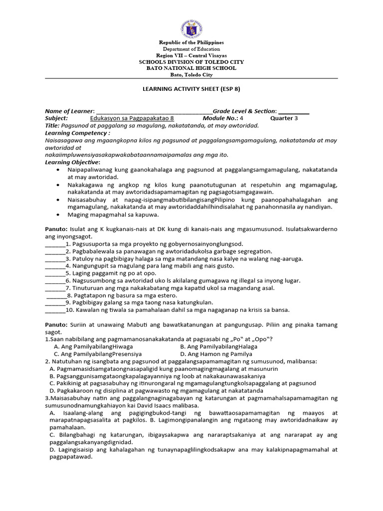 Learning Activity Sheet (Esp 8) | PDF
