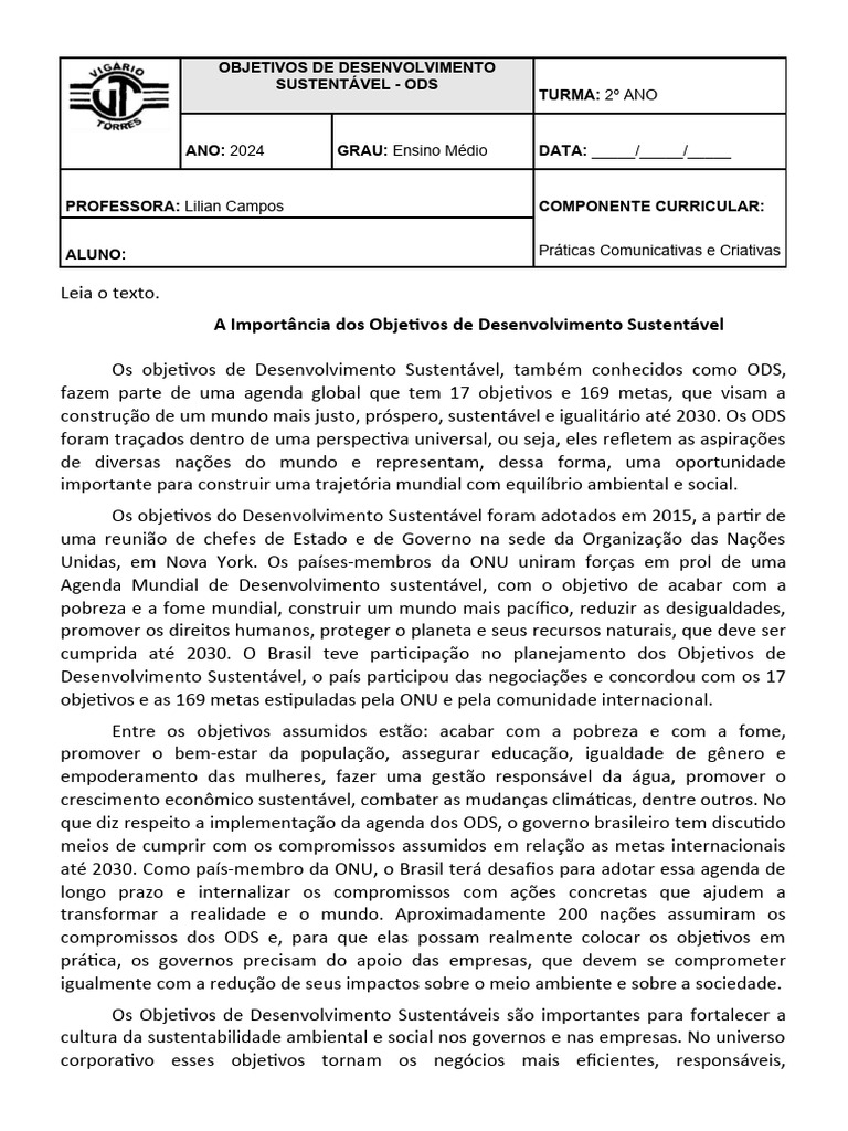 Atividade 2 - 1º Bim. - Texto e Atividade ODS (1) .Docxlilian Campos - docxATUAL | PDF ...