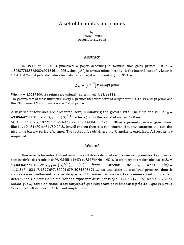 A Set of Formulas For Primes 2018 | PDF | Prime Number | Exponentiation