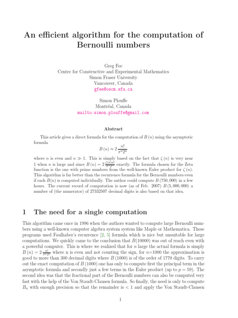 An Efficient Algorithm For The Computation of The Bernoulli Numbers 2006 | PDF | Mathematical ...