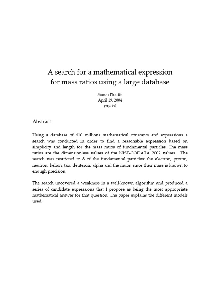 A Search For A Mathematical Expression For Mass Ratios Using A Large ...